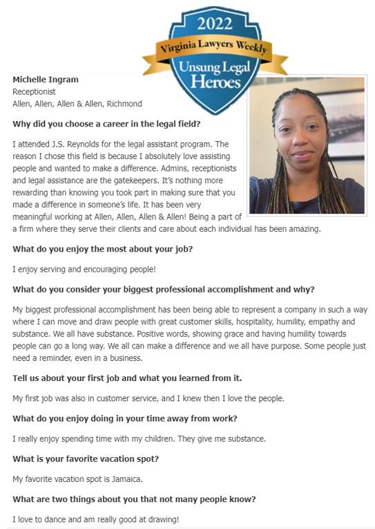 Michelle Ingram named an Unsung Legal Hero for 2022 | Allen and Allen